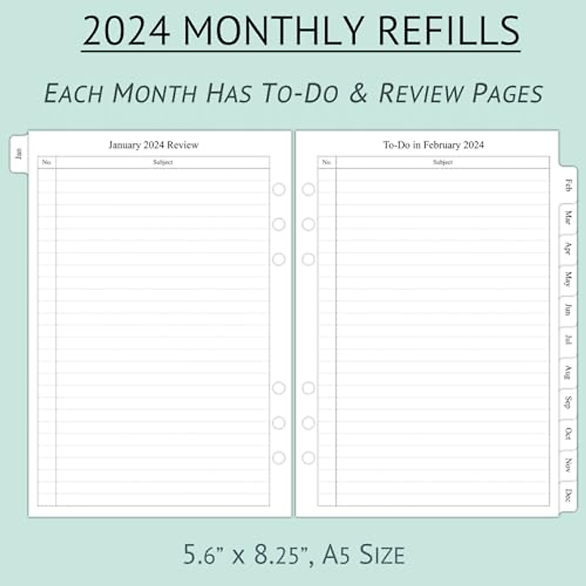 2024 Monthly Planner Refill for A5 Binder, Two Page Per Month, January 2024 - December 2024, 5.6"x8.25", 6-Hole Punched