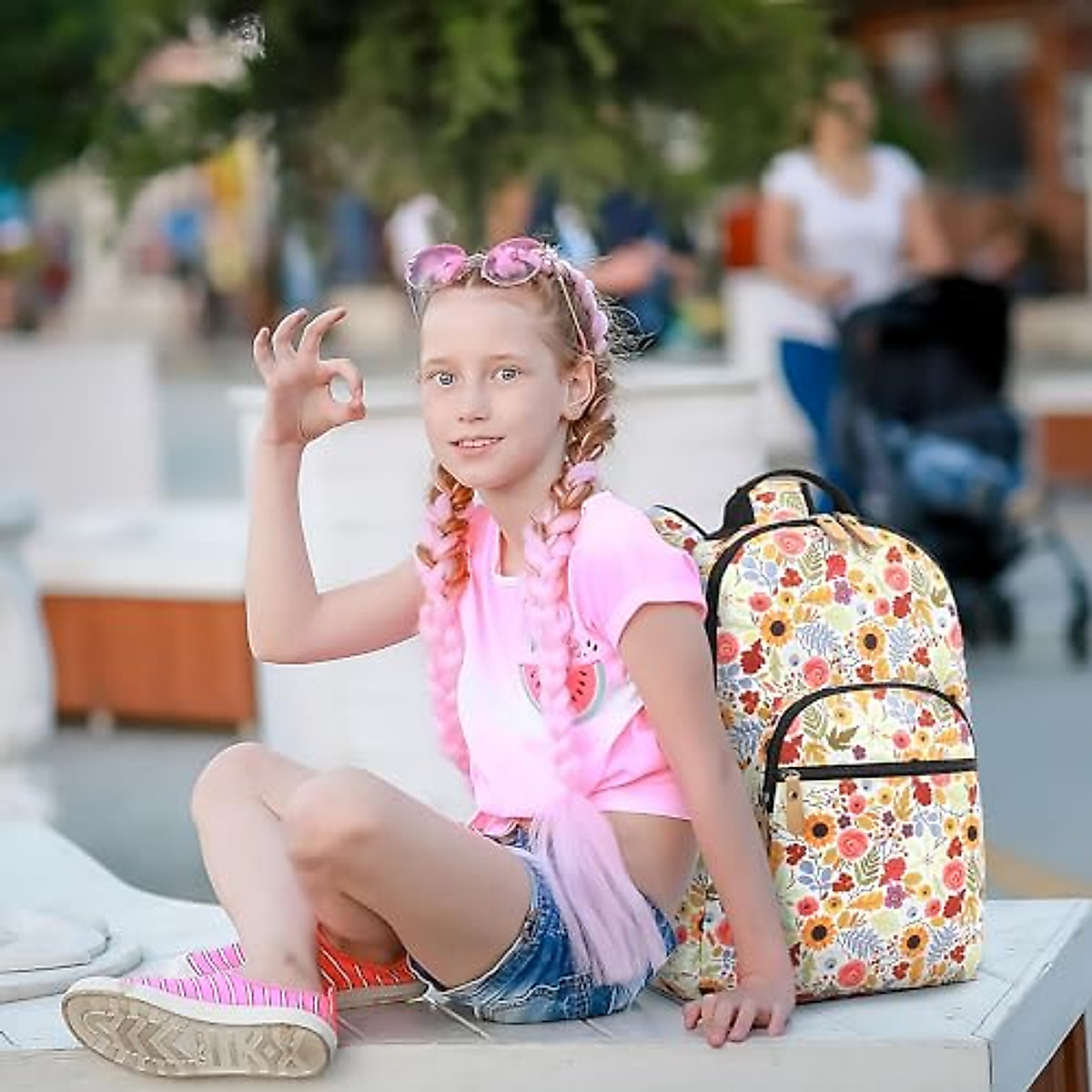 Leaper Water-resistant Floral Laptop Backpack Travel Bag Bookbags Satchel (White-Sunflower)