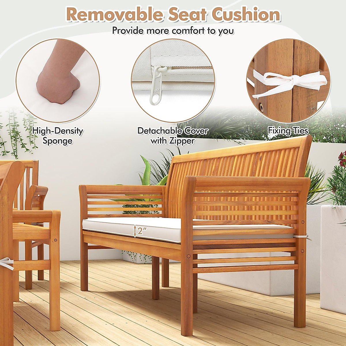 Tangkula 5 Piece Patio Furniture Set, Acacia Wood Conversation Set with 3-Seat Bench, Loveseat, 2 Armchairs & Coffee Table, Cushioned Outdoor Chair Set for Porch, Balcony (Off White)
