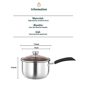 Stainless Steel Saucepan 2.5 Quart, UNOSCHRIM Milk Cooking Pot, Small Sauce Pot with Glass Lid and Bakelite Handle, Multipurpose Small Pots for Cooking Vegetables, Meat, Milk, All Stoves Compatible