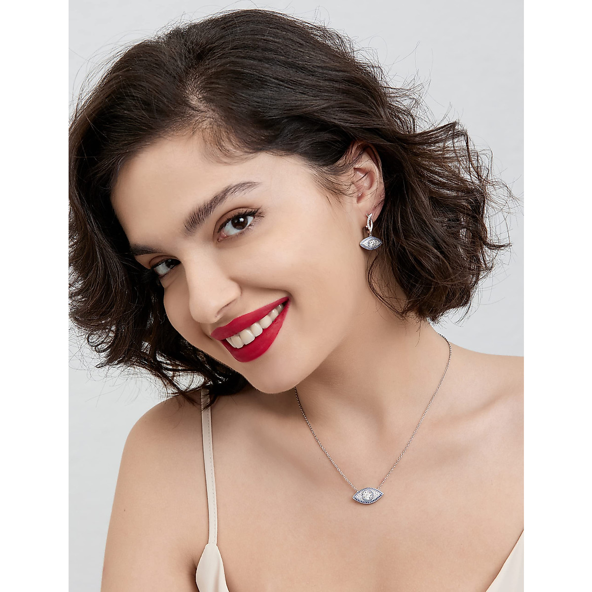 CannyCat Moissanite Evil Eye Pendant Necklace 1.2 CTTW D color VVS Moissanite and Sapphire Necklaces Lab Created Diamond Platinum Plated Sterling Silver Chain 16”+2” Lucky Gift for Women