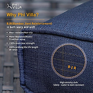 PHI VILLA Outdoor Patio Sectional Furniture Set 5 Piece Low-Back Rattan Sofa Set Wicker Patio Conversation Set with 4 Seat Cushions and 1 Tempered Glass Table (Navy Blue)