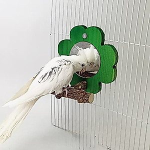 Bird Parakeet Mirror for Cage,Parrot Perch Stand,Wooden Hummingbird Swing Toy,Parakeet Accessories for Cockatiels Conure Finch Lovebird Canary African Grey Macaw (Clover)