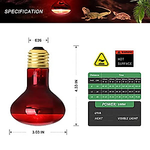 FIVEAGE Reptile Red Heat Lamp 100 Watt, Infrared Basking Spot Lamp, Lizard Heating Lamp for Bearded Dragon Tortoise Snake Chameleon Reptiles and Amphibian Use, 4 Packs