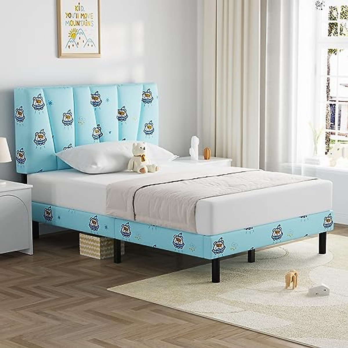 Molblly Twin Bed Frame Upholstered Platform with Headboard and Strong Wooden Slats, Strong Weight Capacity, Non-Slip and Noise-Free,No Box Spring Needed, Easy Assembly,Light Blue