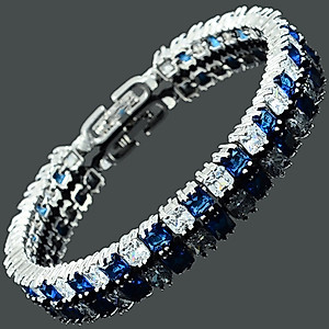 RIZILIA Ice Cube Princess Cut Simulated Blue Sapphire CZ 18K White Gold Plated Tennis Bracelet, 7"