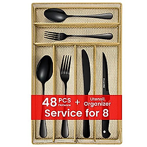 48 pcs BLack Silverware with Organizer, Stainless Steel Flatware with Steak Knife, Mirror Polished Cutlery Utensil Set, Durable Home Kitchen Eating Tableware Set, Include Fork Knife Spoon Set