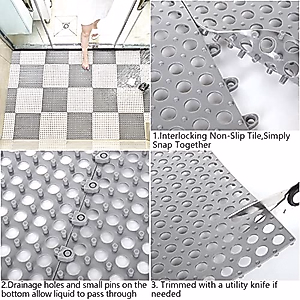12 Pack 11.8" x 11.8" Interlocking Floor Tiles with Drain Holes Soft PVC Non Slip Shower Floor Mat Rubber Flooring Drainag Mat for Pool, Patio, Balcony, Kennel, Poultry, Dog, Grey&White