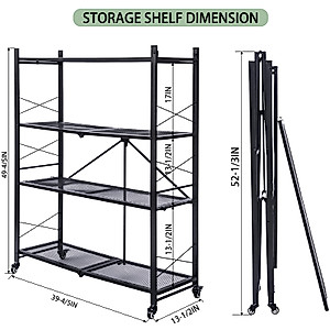 Foldable Shelves 4 Tier Heavy Duty Metal Storage Shelves with Wheels - No Assembly Collapsible Shelving Unit for Kitchen Garage Hold up to 1000 lbs