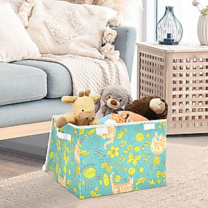 senya Large Collapsible Storage Bins with Lids, Cats on Turquoise Background Storage Baskets Organizer Containers with Handles for Nursery Clothes Toys