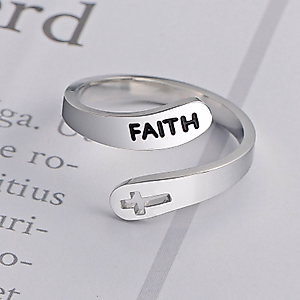 Haoze Inspirational Gifts for Women Stainless Steel Silver Cross Faith Ring Open Statement Rings For Women(Faith)