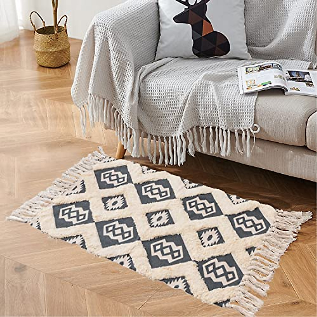 lightlux Cotton Check Rug , Plaid Rug, Washable Hand-Woven Outdoor Checkered Rugs for Layered Door Mats (24" x 36", Beige)