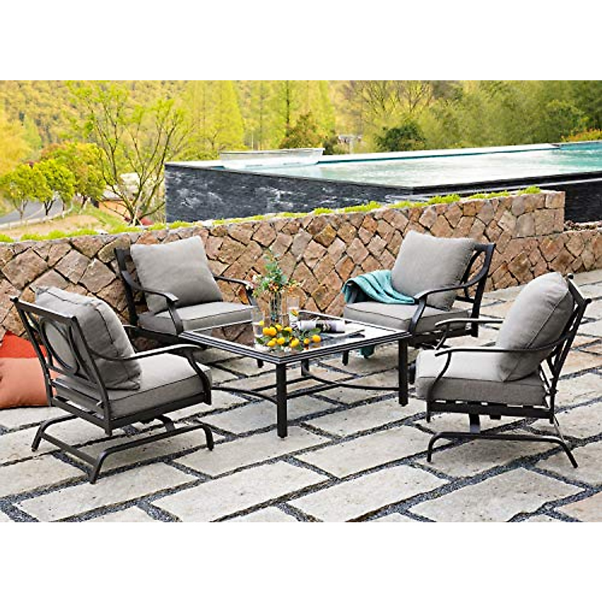 Grand patio 5 PCS Patio Conversation Set with Coffee Table Metal K/D Chat Set Rocking Patio Chair Set with Gray Water Resistant Cushions for Garden Lawn & Poolside