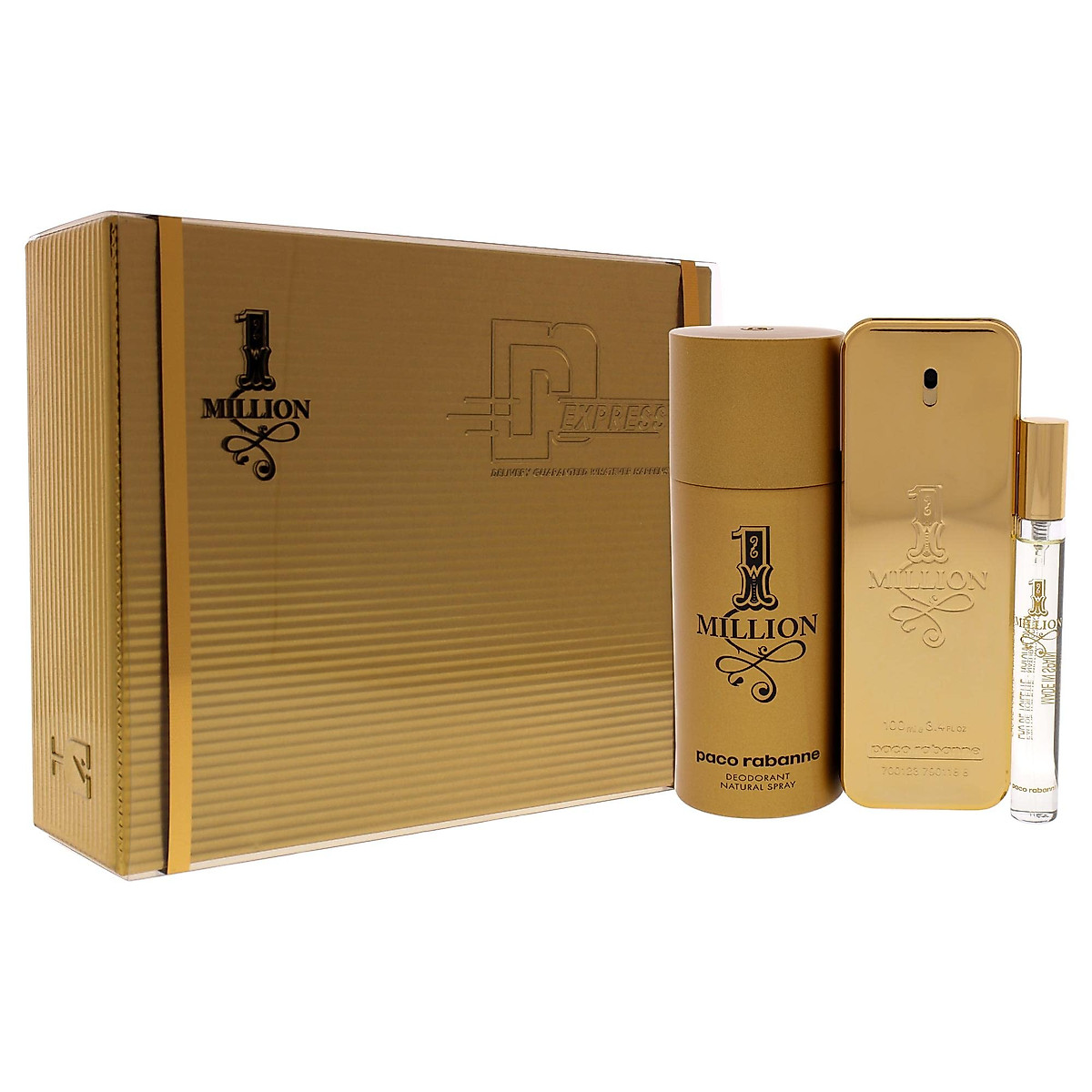 Paco Rabanne 1 Million Men 3.4oz EDT Spray, 0.34oz EDT Spray, 5.1oz Deodrant Spray 3 Pc Gift Set