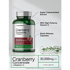 Horbäach Cranberry Concentrate Extract Pills + Vitamin C | 30,000mg | 120 Capsules | Triple Strength Ultimate Potency Formula | Non-GMO and Gluten Free Supplement