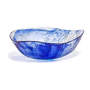 Red Co. 9.5 Inch 62 Ounce Etched Wavy Glass Salad Bowl, Large Tabletop Centerpiece, Blue