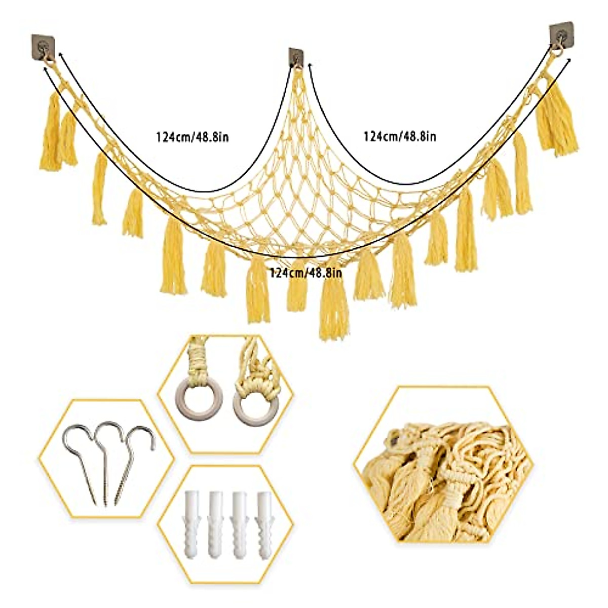 YELIENM Stuffed Animals Net or Hammock with LED Light, 59 inch Toy Hammock Net for Stuffed Animals Corner Hanging Stuffed Animal Storage Stuffed Animal Holder for Nursery Kids Bedroom (Yellow)…