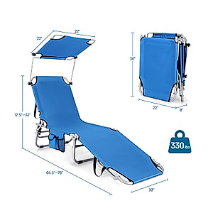 Giantex Outdoor Folding Chaise Lounge, Portable Tanning Chair with 5 Adjustable Positions, 360°Rotatable Canopy Shade, Side Pocket, Patio Lounge Chair for Beach, Lawn Sunbathing Chair (1, Navy)