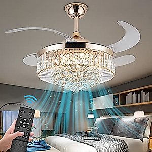 42''Reversible Chandelier Crystal Ceiling Fan with Lights, Stepless Dimming Modern Ceiling Fan Remote Control Retractable Invisible Blades, 6 Speeds Indoor Fandelier Kits for Living Room Bedroom