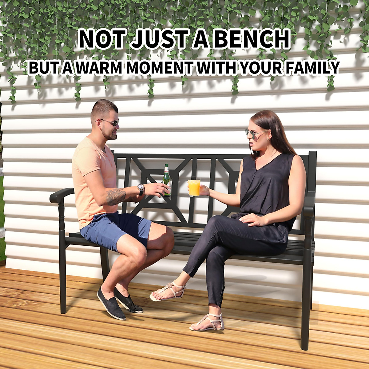 YLGJ&TIDY Outdoor Bench,50" Garden Bench with Ergonomic Backrest&Armrests, Weatherproof Iron Metal Bench for Gardens, Parks,Patio,Porch, Lawn and Yard