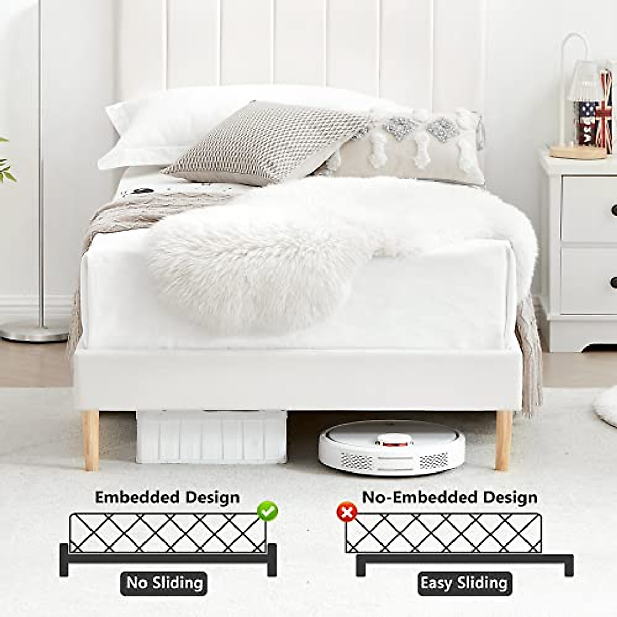 Flolinda Twin Bed Frame with Velvet Upholstered Headboard, Wooden Sprung Slat Support Extend Mattress Life, Modern Platform Bed Frame No Box Spring Needed, Easy Assembly, Cream White