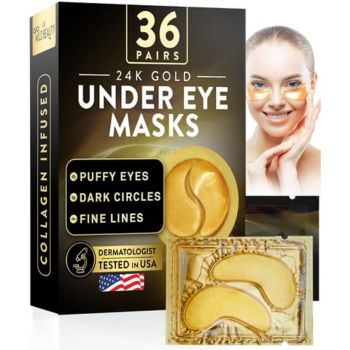 Wild Beauty Under Eye Patches (36 Pairs), Eye Masks for Dark Circles and Puffiness! Under Eye Patches for Under Eye Bags, 24K Gold Eye Mask, Under Eye Mask for Adults, Eye Patches for Puffy Eyes