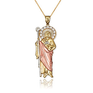 LA BLINGZ 14K Tri-Color Gold Saint Jude CZ Pendant Necklace (22" Necklace)