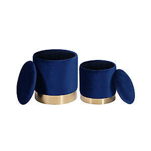 DEERUN Round Velvet Storage Ottoman Foot Rest Stool/Upholstered Footstool with Gold Plating Base,Pack of 2 (Blue)