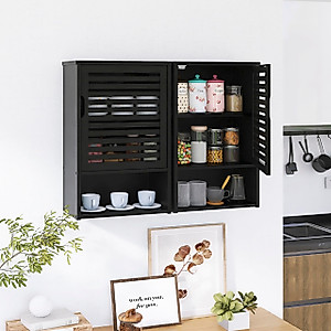 HITNET Bathroom Storage Cabinet Wall Mounted, Hanging Medicine Cabinet with Adjustable Shelf, Over The Toilet Space Saver Organizer, Black Bamboo Kitchen Cupboard, Single Door