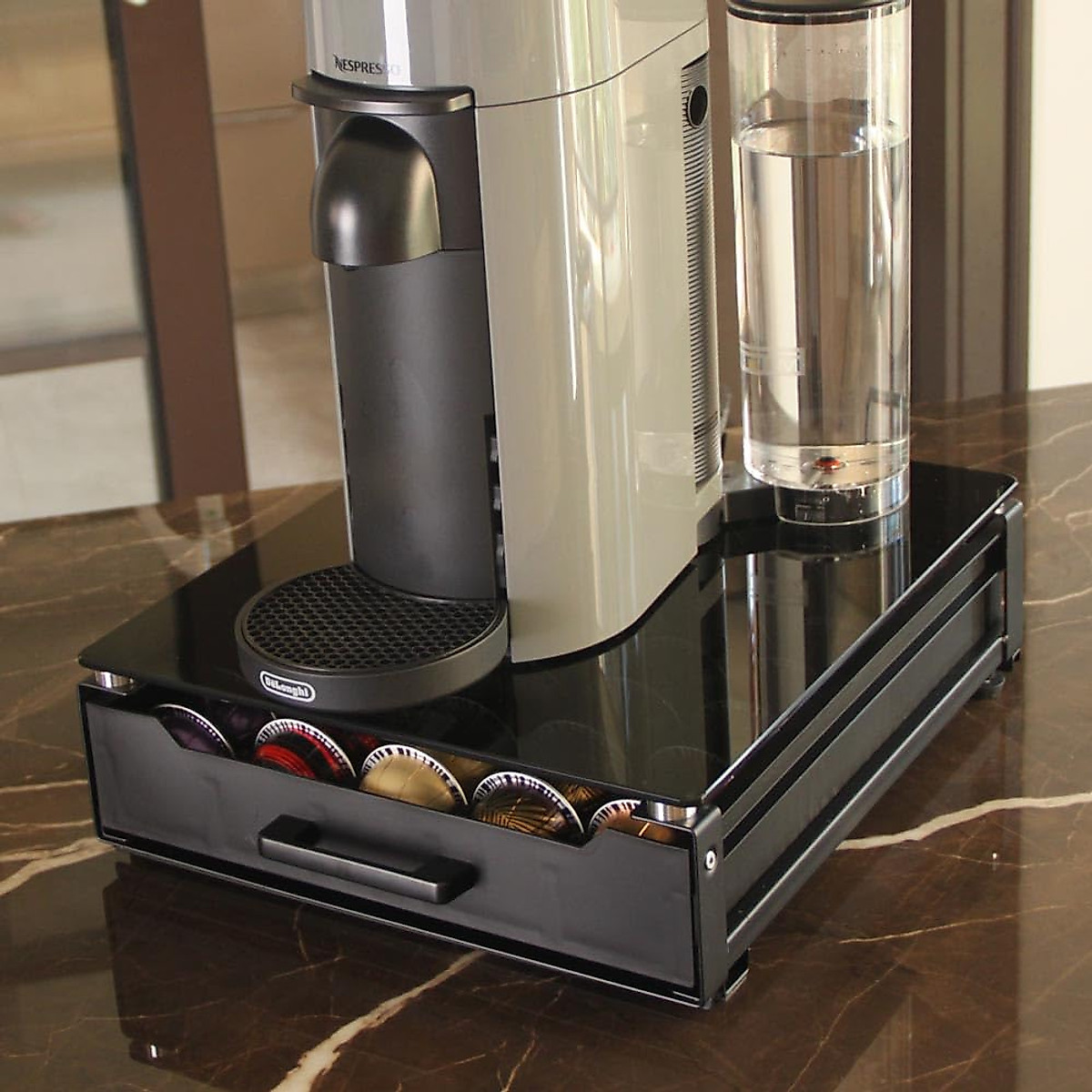 BLACKSMITH FAMILY Black Tempered Glass Vertuo Pods Drawer Holder with Smooth Gliding System, Compatible for 40 to 50 Nespresso Big Vertuo Pods or 75 Small Vertuo Pods, Black (Black Tempered Glass Top)