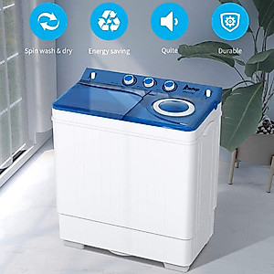 Portable Washing Machine 26lbs Capacity, Mini Twin Tub Washer Compact Laundry Machine with Built-in Drain Pump, Semi-Automatic Laundry Washer 18lbs Washer 8lbs Spinner for Dorms, Apartments, RVs