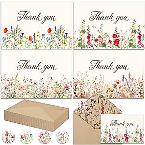 Noveread 300 Pieces Wildflower Thank You Cards with Floral Envelopes 4 x 6 Inch, Thank You Notes with Envelopes Set with Floral Thank You Cards and Stickers for Birthday Wedding Bridal Shower