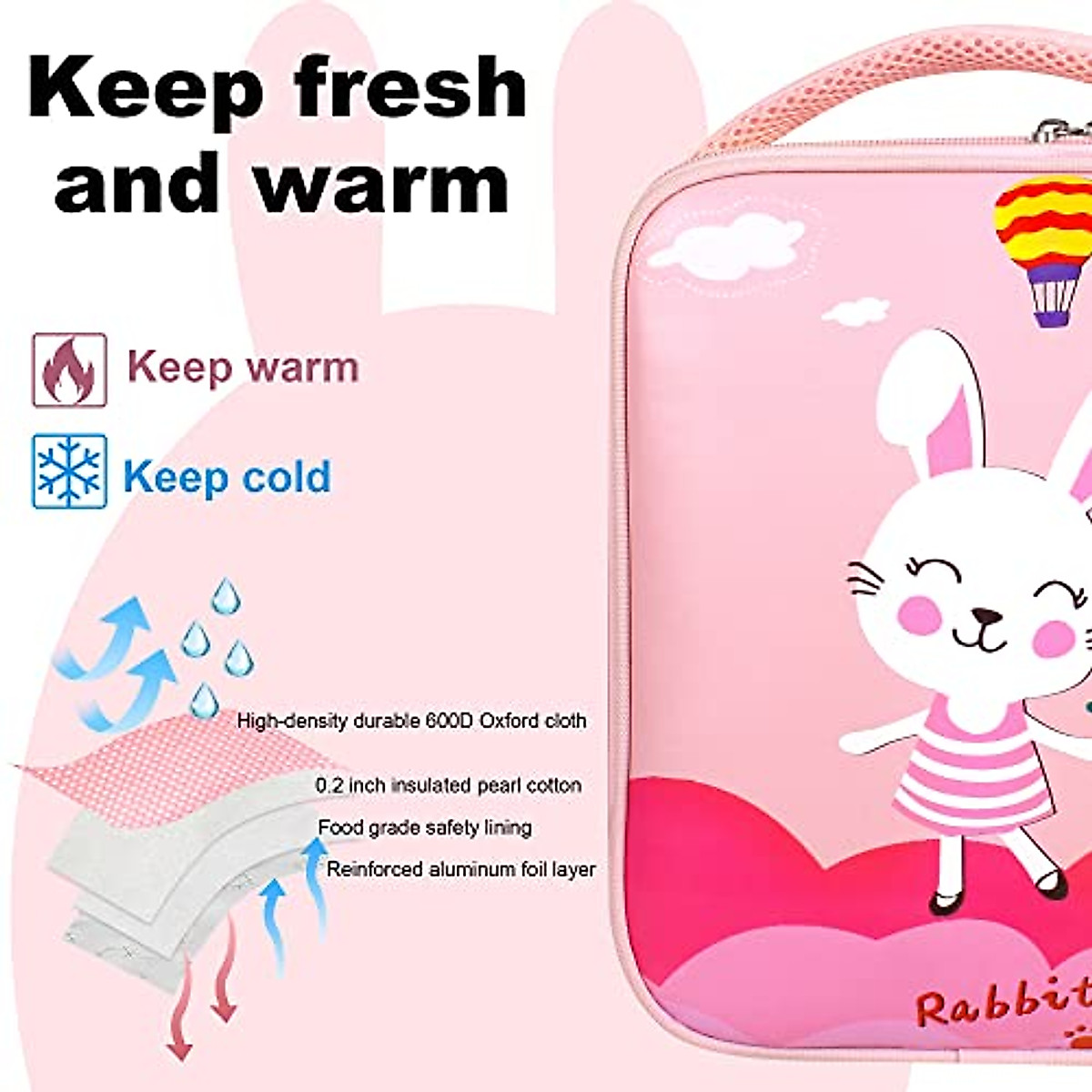 Spoilu lunch Box for Kids, School Insulated Lunch Bags for Boys and Girls - Double Insulated, Durable, Water-Resistant Fabric, Rabbit