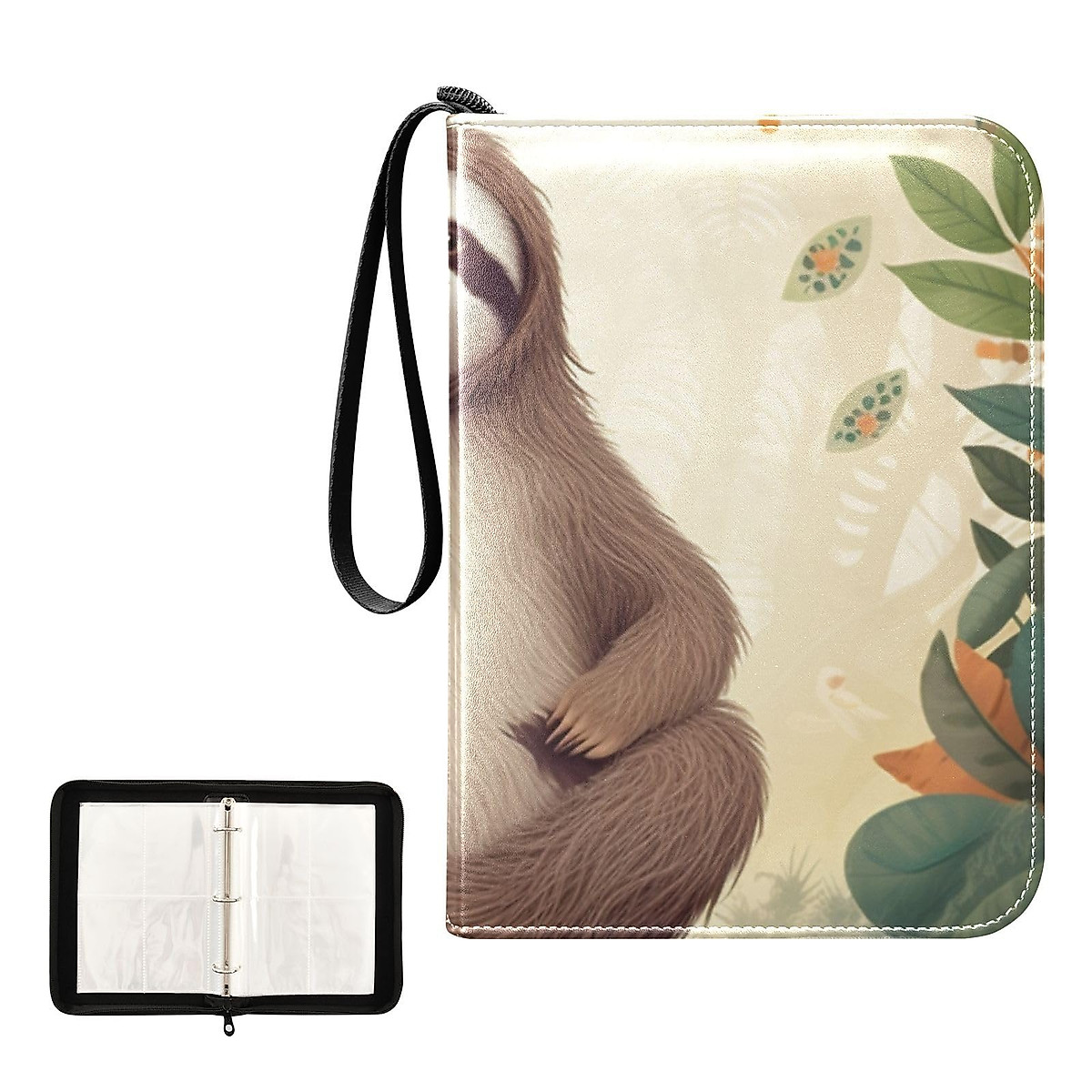 PYBUG Cute Sloth Trading Card Binder with Nylon Strap 4-Pocket Waterproof PU Leather Card Collection Binder for 400 Cards Sturdy Card Holder Folders for Game Cards,Sports Cards