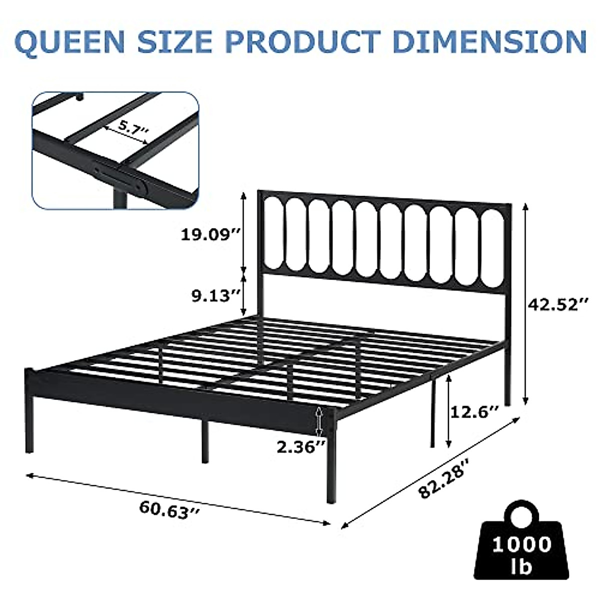GAOMON 12.6 Inch Queen Size Bed Frame, Queen Platform Bed Frame, Metal Platform Bed Frame with Headboard/Mattress Foundation for Storage/No Box Spring Needed (Black)