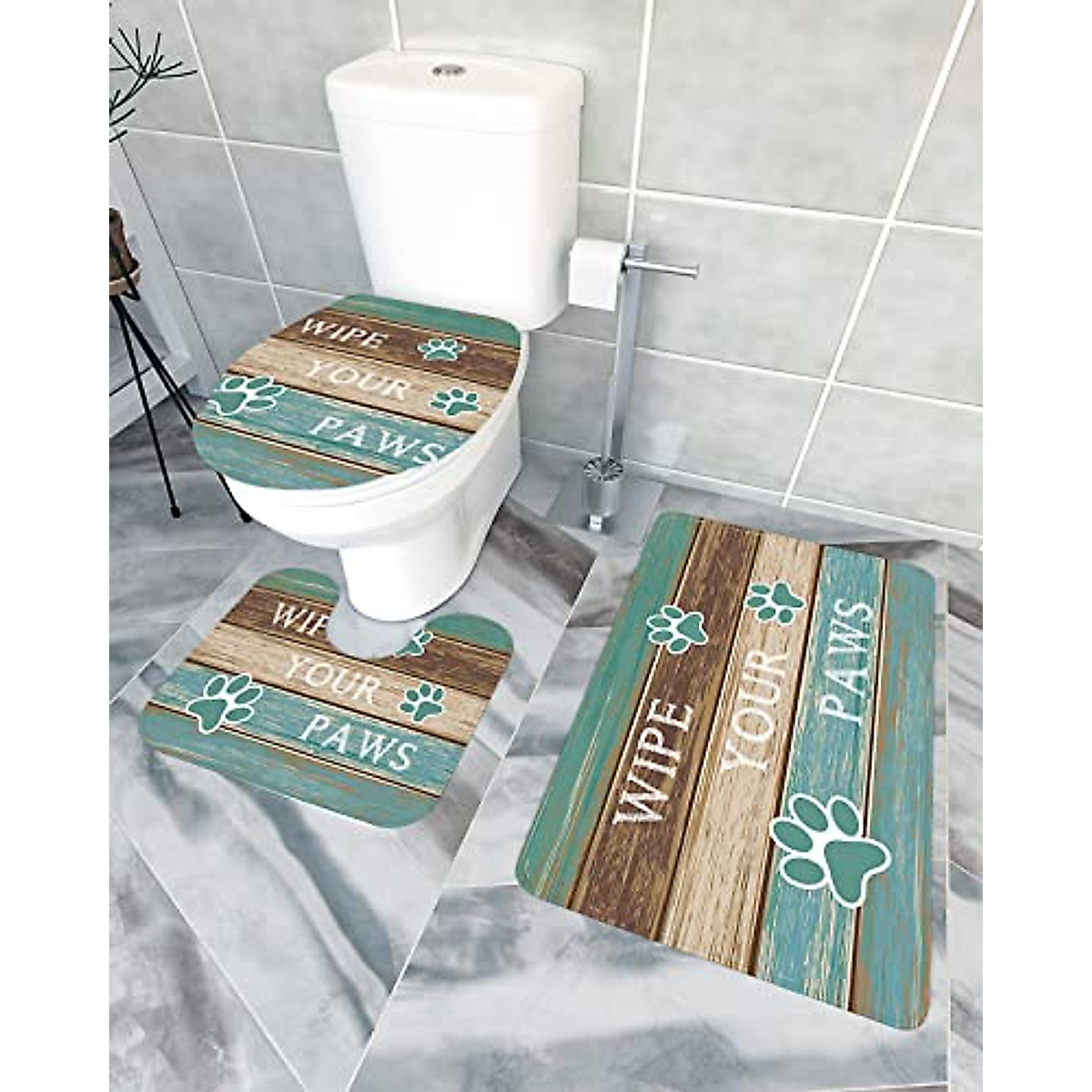 Teal Turquoise Bathroom Rugs Mat Sets 3 Piece, Bath Shower Rugs with U-Shaped Contour Toilet Mat, Ristic Farmhouse Brown Paw Prints Large Absorbent Bathtub Runner Rugs Floor Mats