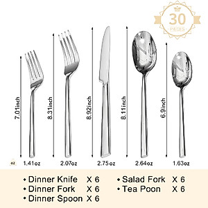 KINGSTONE Silverware Set, 30-Piece Forged Flatware Set Cutlery Set Premium Stainless Steel, Service for 6, for Kitchen, Home, Wedding, Party, Mirror Polished and Dishwasher Safe