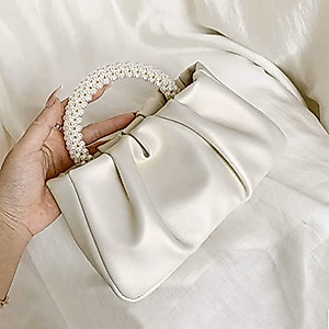 Beatfull Evening Purse Women Pearl Handbags Soft Leather Ruched Bag Bridal Clutch for Wedding Party Prom Crossbody Purses White