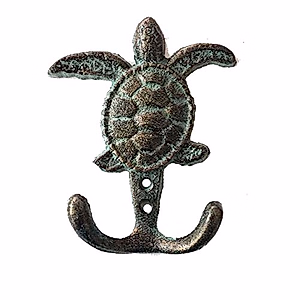 Double Turtle Hook - Cast Iron Turquoise & Gold Patina
