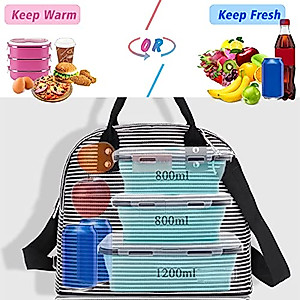 BALORAY Reusable Lunch Bag for Women Men Leakproof Multi-functional with Shoulder Strap Adult Lunch Box Thermal Cooler Bag Lunch Container for Women Men Work Picnic (Black White Strip)
