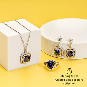 Peora Created Blue Sapphire Dangle Earrings 925 Sterling Silver, Halo Drop Oval Shape, 5 Carats total, Friction Backs