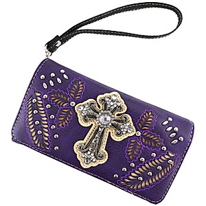 Zelris Fall Fern Leaf Western Cross Women Crossbody Wrist Trifold Wallet (Purple)