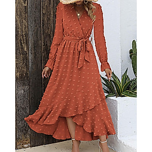 BTFBM Women's Boho Cocktail Maxi Dress 2024 Fall Fashion V Neck Swiss Dot Long Sleeve Flowy Slit Wedding Party Dresses(Swiss Dot Orange, Large)