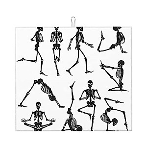 Human Skeletons Black Printed Drying Mat For Kitchen Ultra Absorbent Microfiber Dishes Drainer Mats Non-Slip Silicone Quick Dry Pad - 18 X 16inch