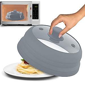 Microwave Splatter Cover Glass - Collapsible Microwave Splatter Cover for Plate & Bowl - Tempered Glass Top, Food-Grade Silicone Dome with Heating Vents & Heat-Safe Handle