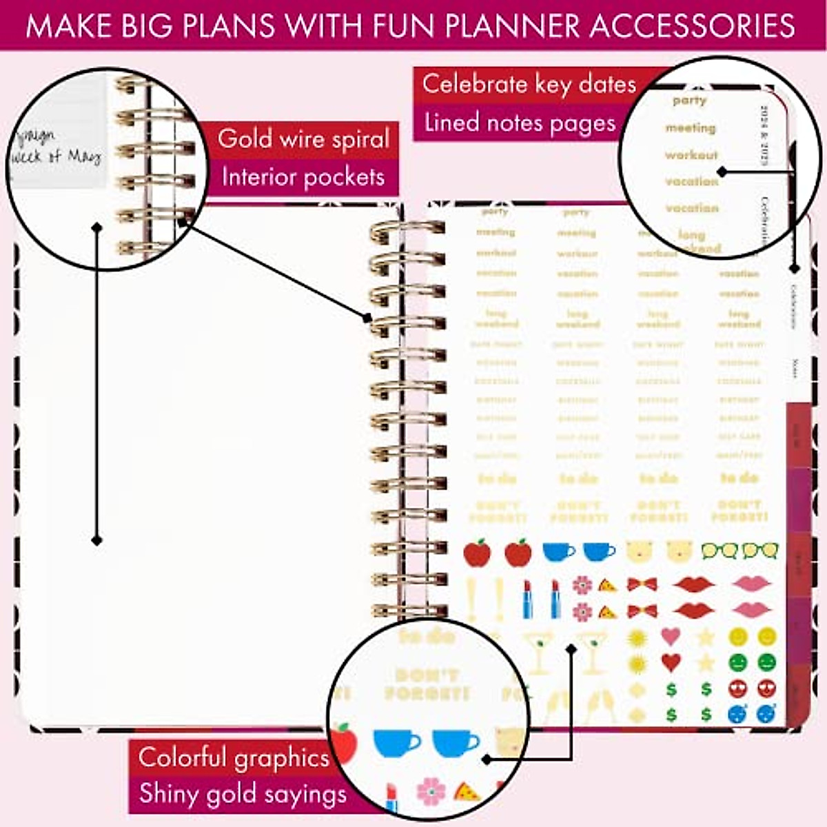 Kate Spade New York Daily Planner 2023-2024, Mega Planner August 2023 - December 2024, Hardcover Spiral Planner, Weekly Planner with Monthly Calendar, Stickers, & Pockets, Black Spade Flower