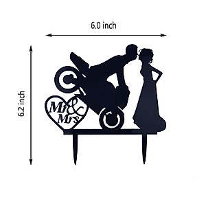 Motorcycle Funny Wedding Cake Topper Mr & Mrs, Bride Groom with Motorbike (Black Acrylic)