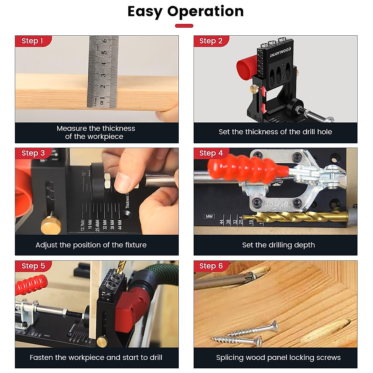 ENJOYWOOD Pocket Hole Jig System with Side Support Adjustable Drill Guide with 2 Drill Bits for Woodworking Aluminum Dowel Jig XK4S PRO