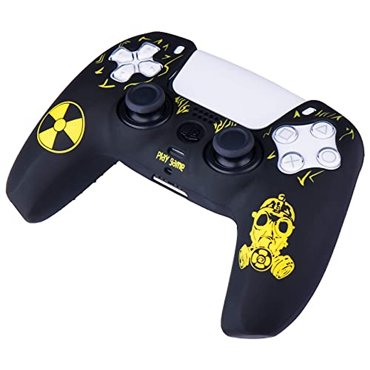 YoRHa Silicone Rubber Back Dots Carving Customizing Skin Cover for PS5 Controller x 1(Radiation Yellow) with Pro Thumb Grips x 10