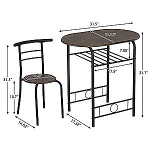 Kinfant 3 Piece Dining Table Set - Kitchen Breakfast Dining Table, Small Table and 2 Chairs w/Metal Frame and Storage Shelf for Home Kitchen Dining Room, Small Space, Brown